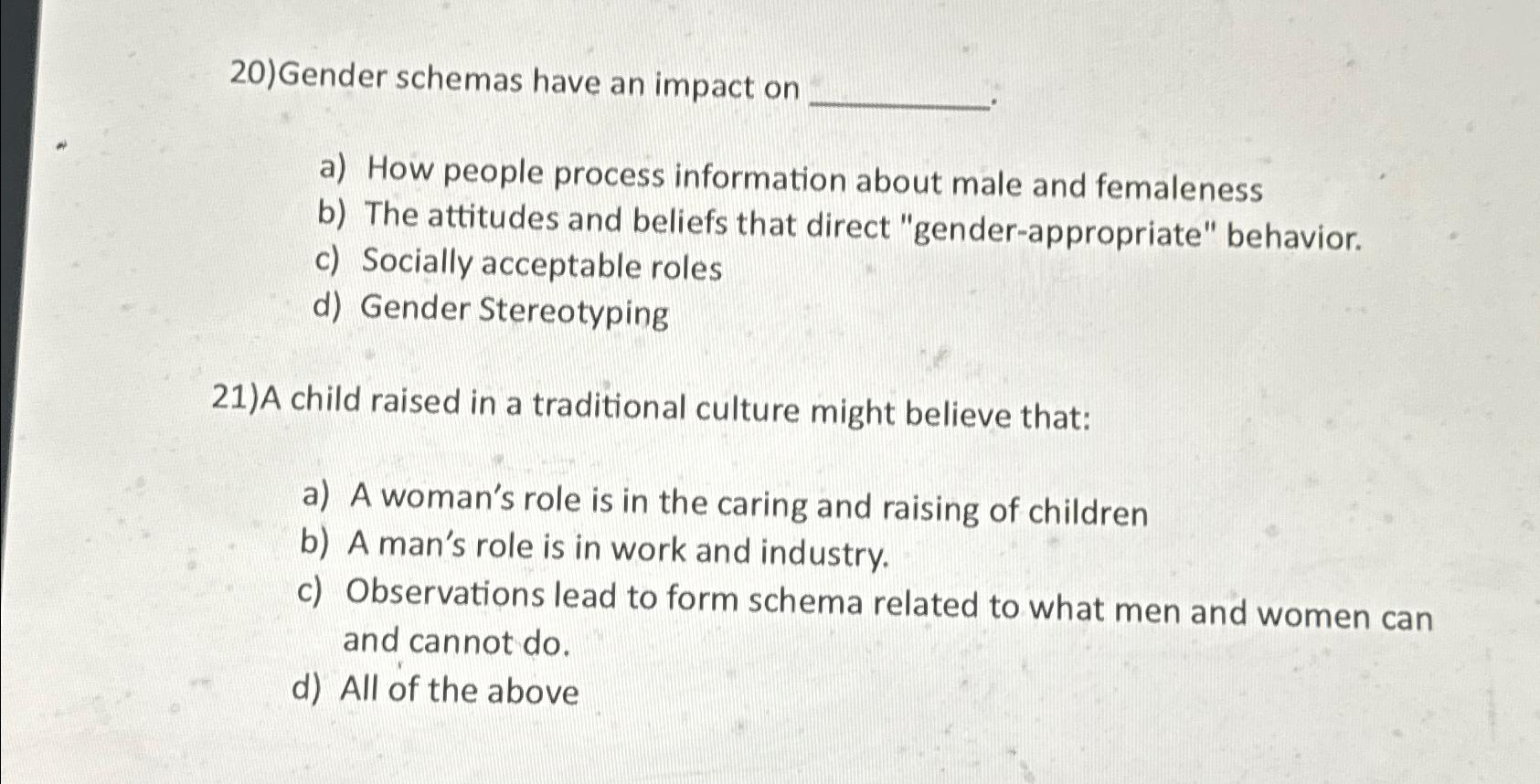 Solved Gender schemas have an impact ona) ﻿How people | Chegg.com