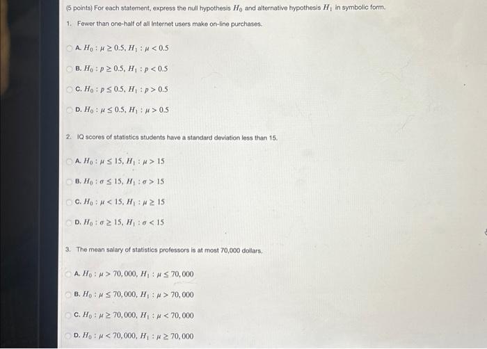 Solved (5 points) For each statement, express the null | Chegg.com