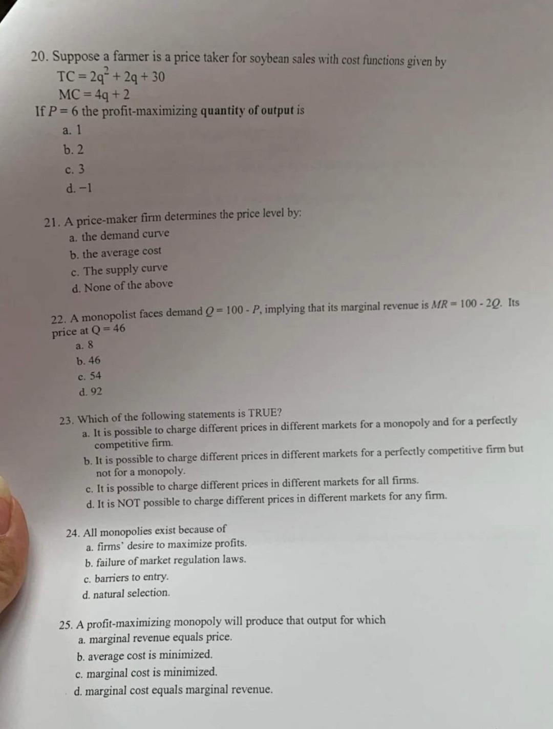 Solved 20. Suppose a farmer is a price taker for soybean | Chegg.com