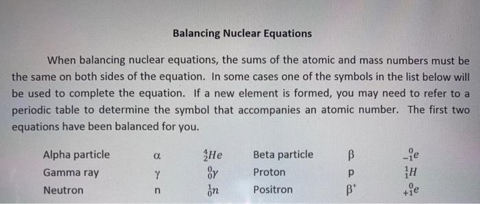 Solved Balancing Nuclear Equations When balancing nuclear | Chegg.com