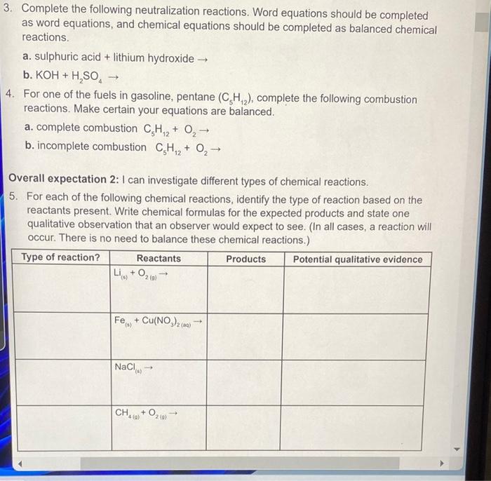 Solved Complete the following neutralization reactions. Word | Chegg.com