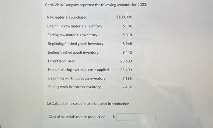 Solved Carla Vista Company reported the following amounts | Chegg.com