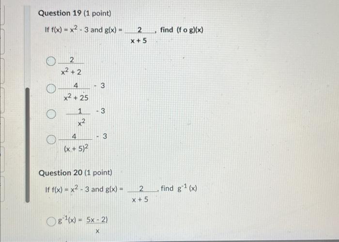 Solved If f(x)=x2−3 and g(x)=x+52, find (f∘g)(x) | Chegg.com
