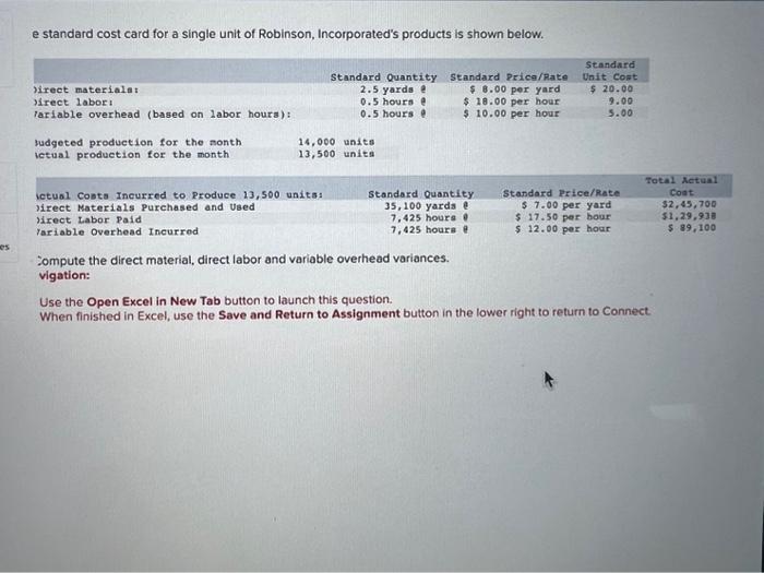 Solved e standard cost card for a single unit of Robinson, | Chegg.com