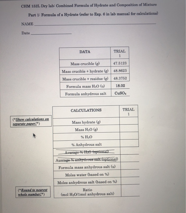 Solved To experimentally determine the percentage of water | Chegg.com