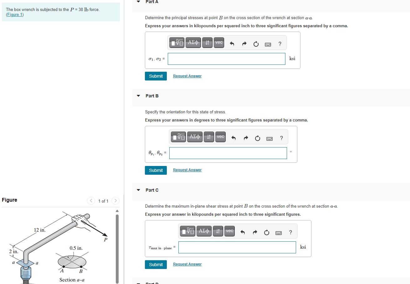 Solved The box wrench is subjected to the P=38lb | Chegg.com