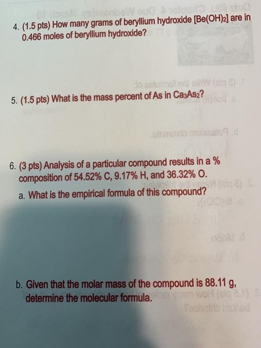 Solved 4. (1.5 pts) How many grams of beryllium hydroxide | Chegg.com