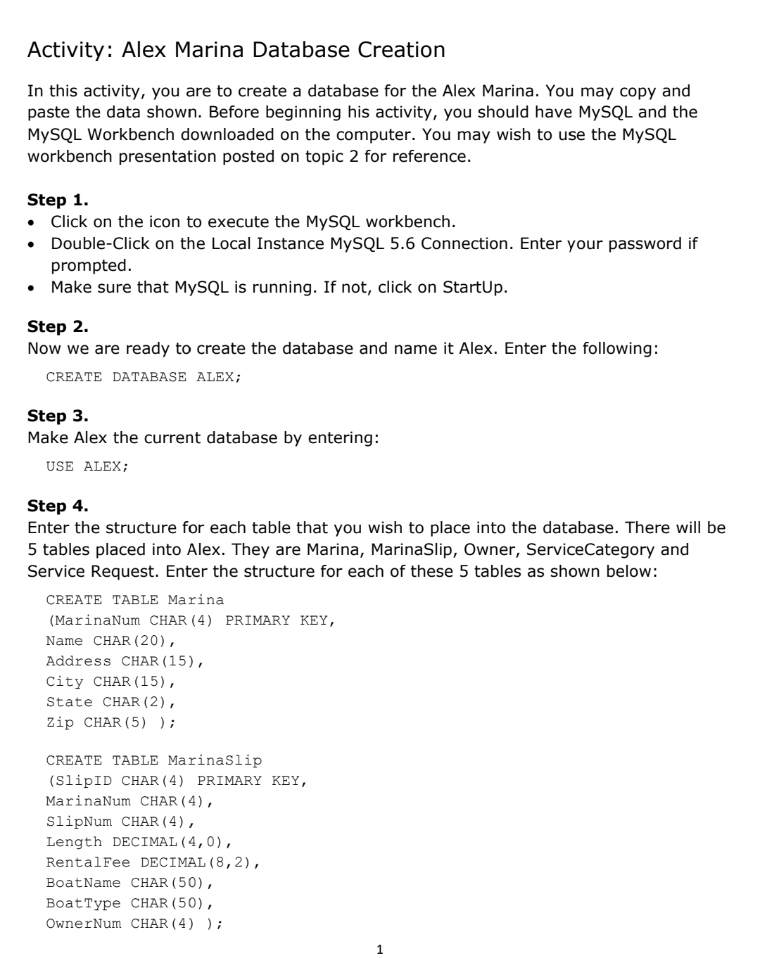 Solved Activity: Alex Marina Database Creation In this | Chegg.com