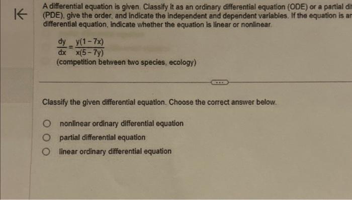 Solved K A differential equation is given. Classify it as an | Chegg.com