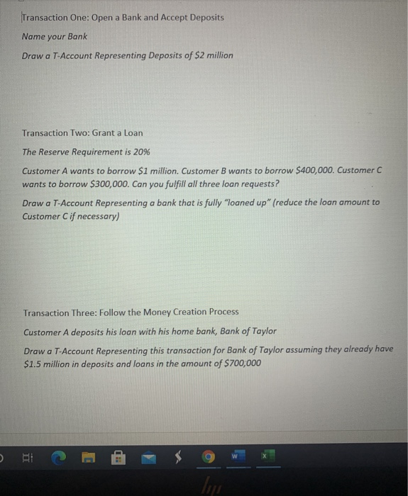 Transaction One: Open a Bank and Accept Deposits Name | Chegg.com