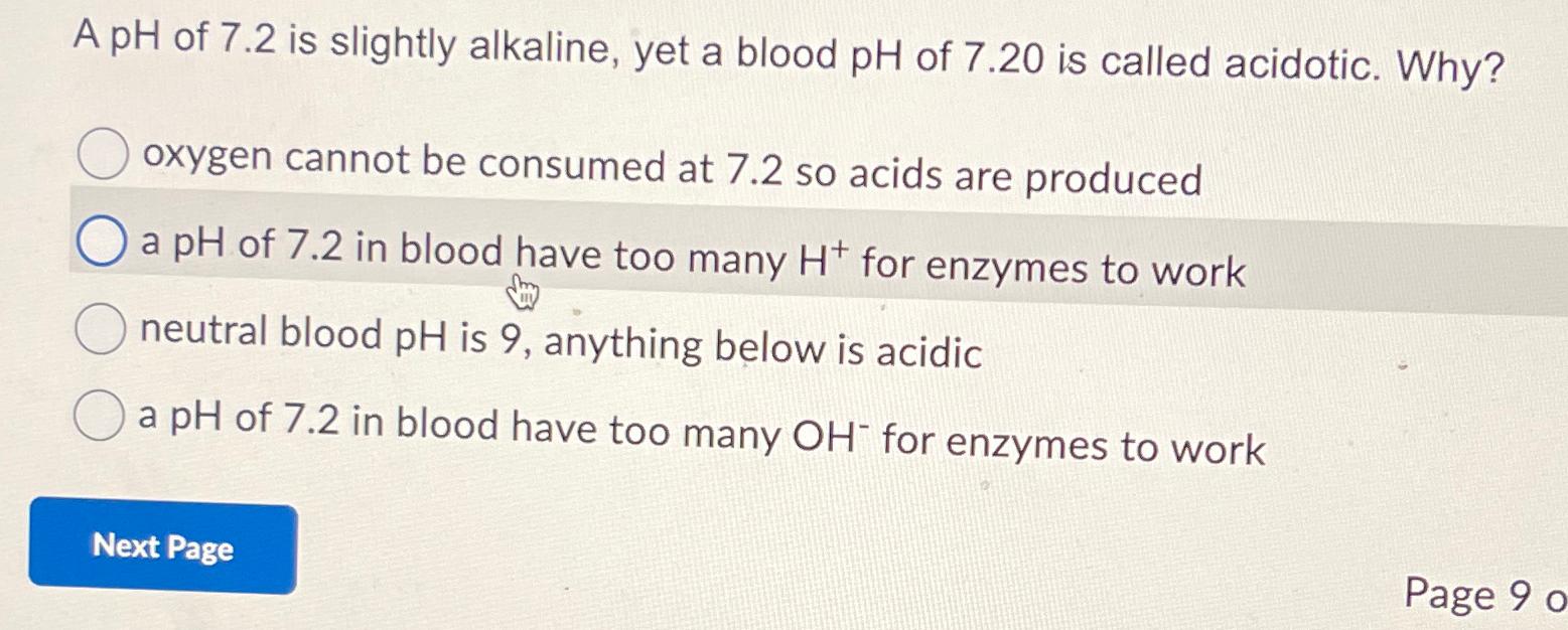 Solved ApH of 7.2 ﻿is slightly alkaline, yet a blood pH of | Chegg.com