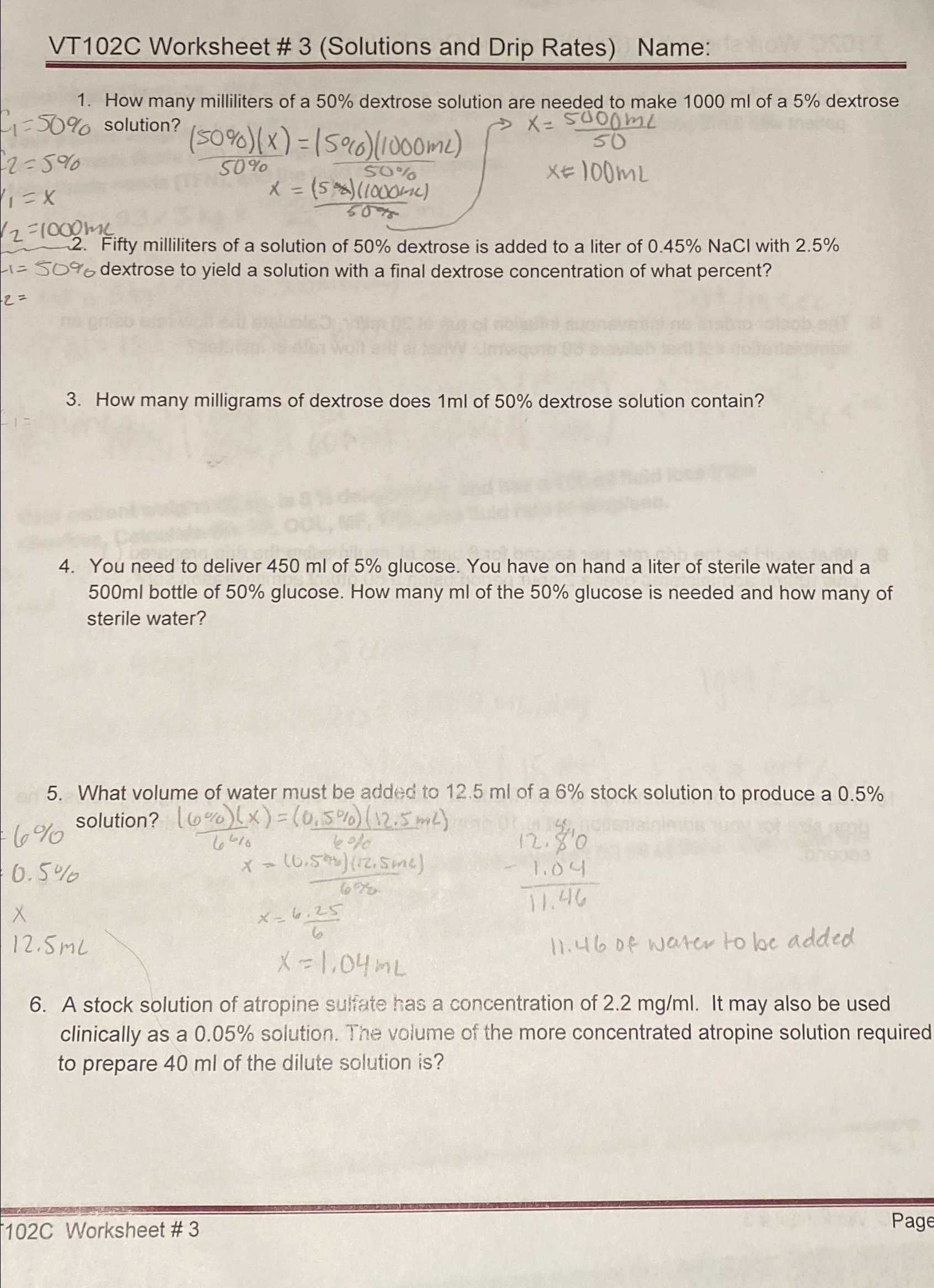 Solved VT102C Worksheet # 3 (Solutions and Drip Rates) | Chegg.com