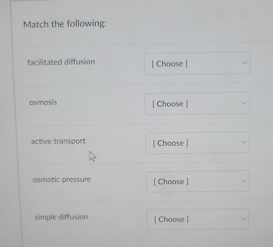 Solved Match the following: facilitated diffusion [Choose ] | Chegg.com