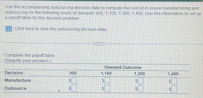 Solved Use the accompanying outsourcing decision data to | Chegg.com Solved Use the accompanying outsourcing decision data to | Chegg.com