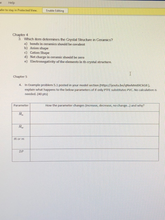 Solved w Help afer to stay in Protected View Enable Editing | Chegg.com