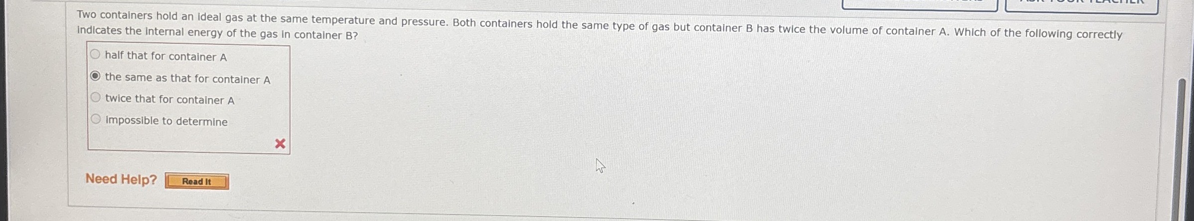 Solved indicates the internal energy of the gas in container | Chegg.com