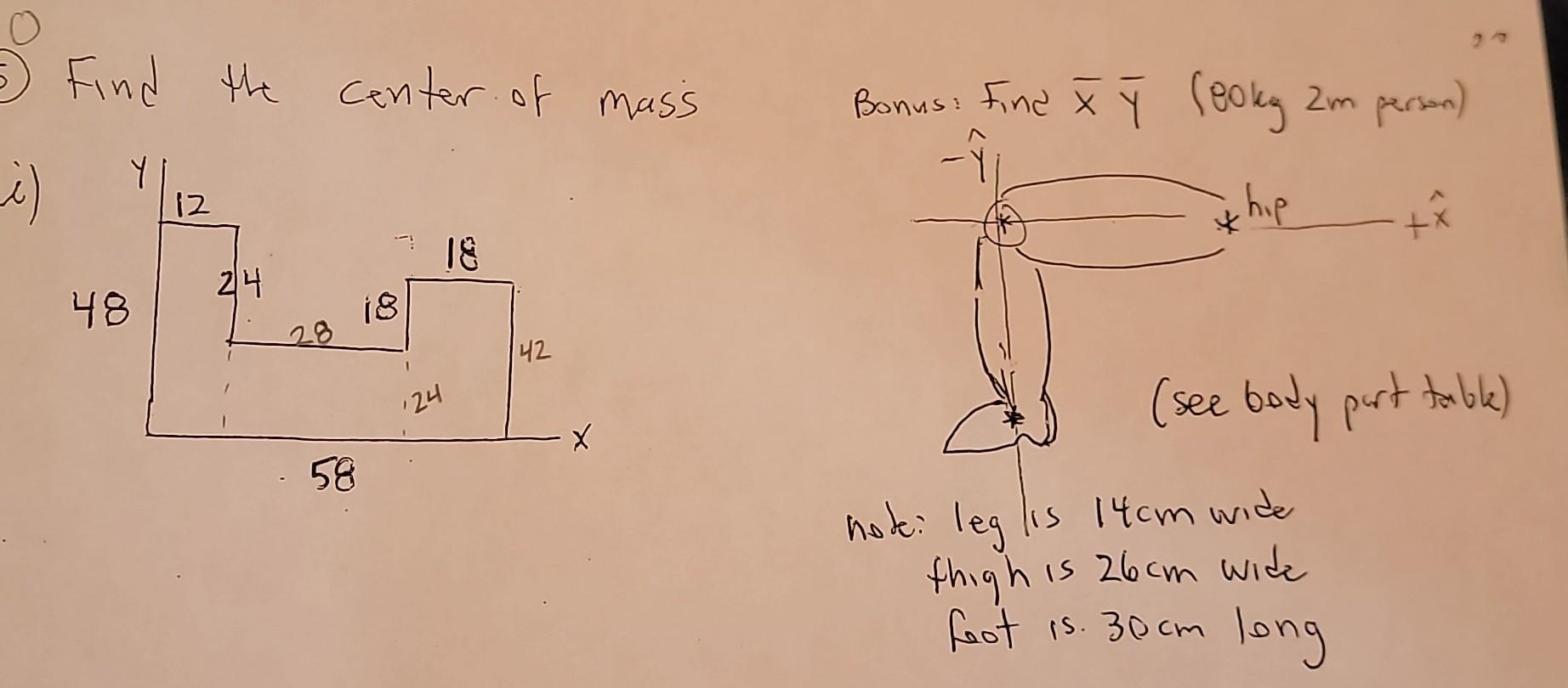 Solved O 0 Find the center of mass Bonus: Find X Ý (80kg, 2m | Chegg.com