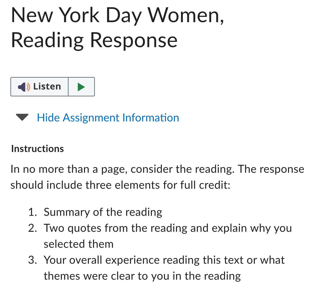 Solved New York Day Women, Reading ResponseHide Assignment | Chegg.com