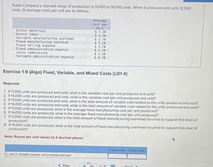 Solved Kubin Company's relevant range of production is | Chegg.com