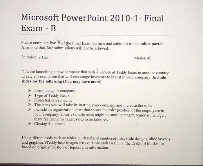 Solved Microsoft PowerPoint 2010-1- Final Exam - B Please | Chegg.com