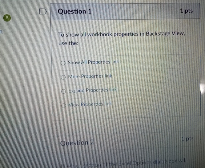 Solved (9.)Question 11 ﻿ptsTo show all workbook properties | Chegg.com