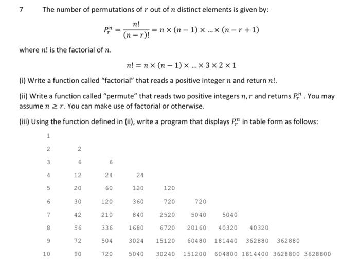 Solved 7 The number of permutations of r out of n distinct | Chegg.com
