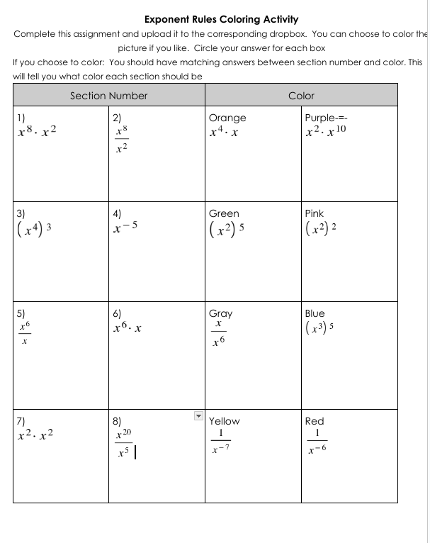 Exponent Rules Coloring ActivityComplete this | Chegg.com