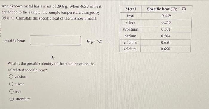Solved An unknown metal has a mass of 29.6 g. When 465 J of | Chegg.com