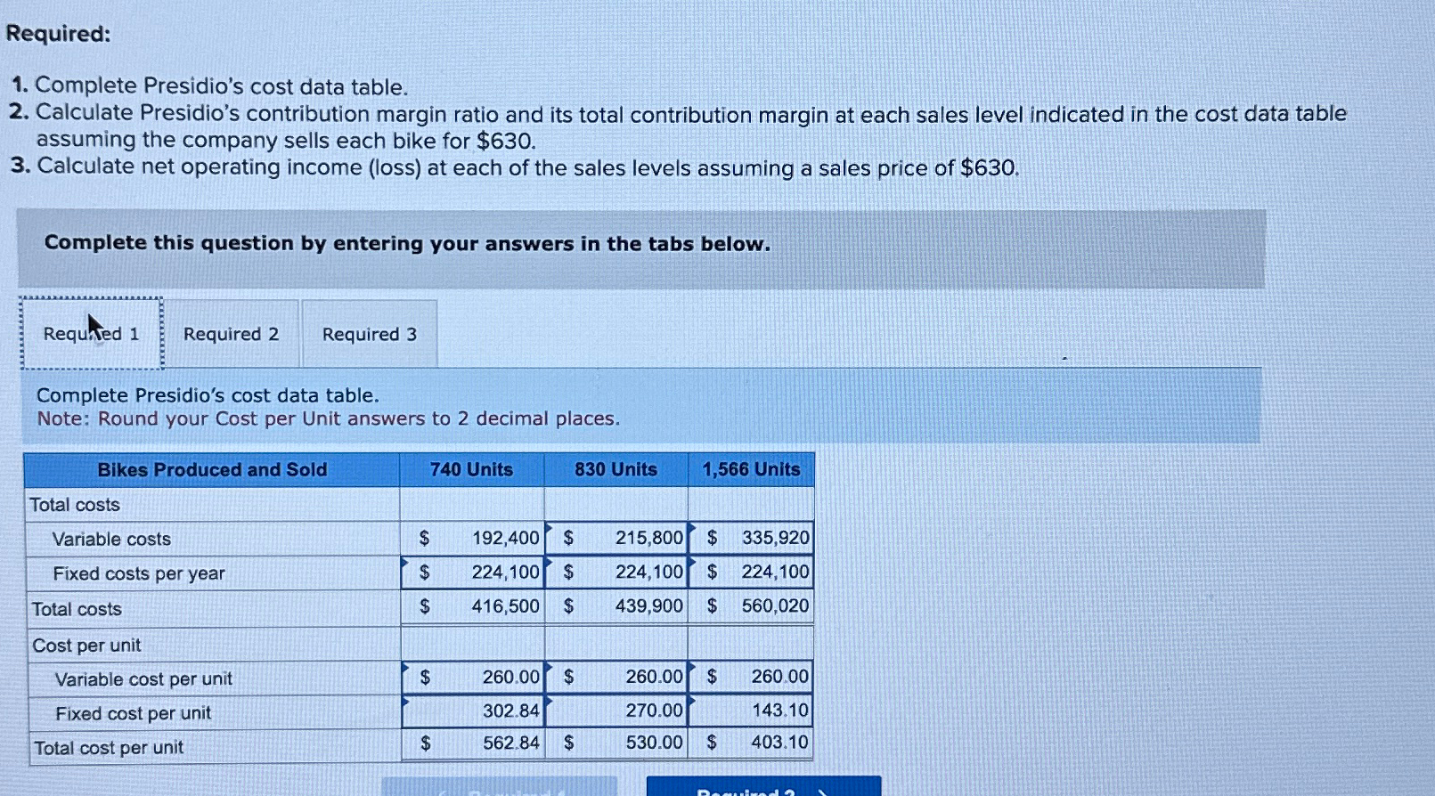 Solved Required:Complete Presidio's cost data | Chegg.com
