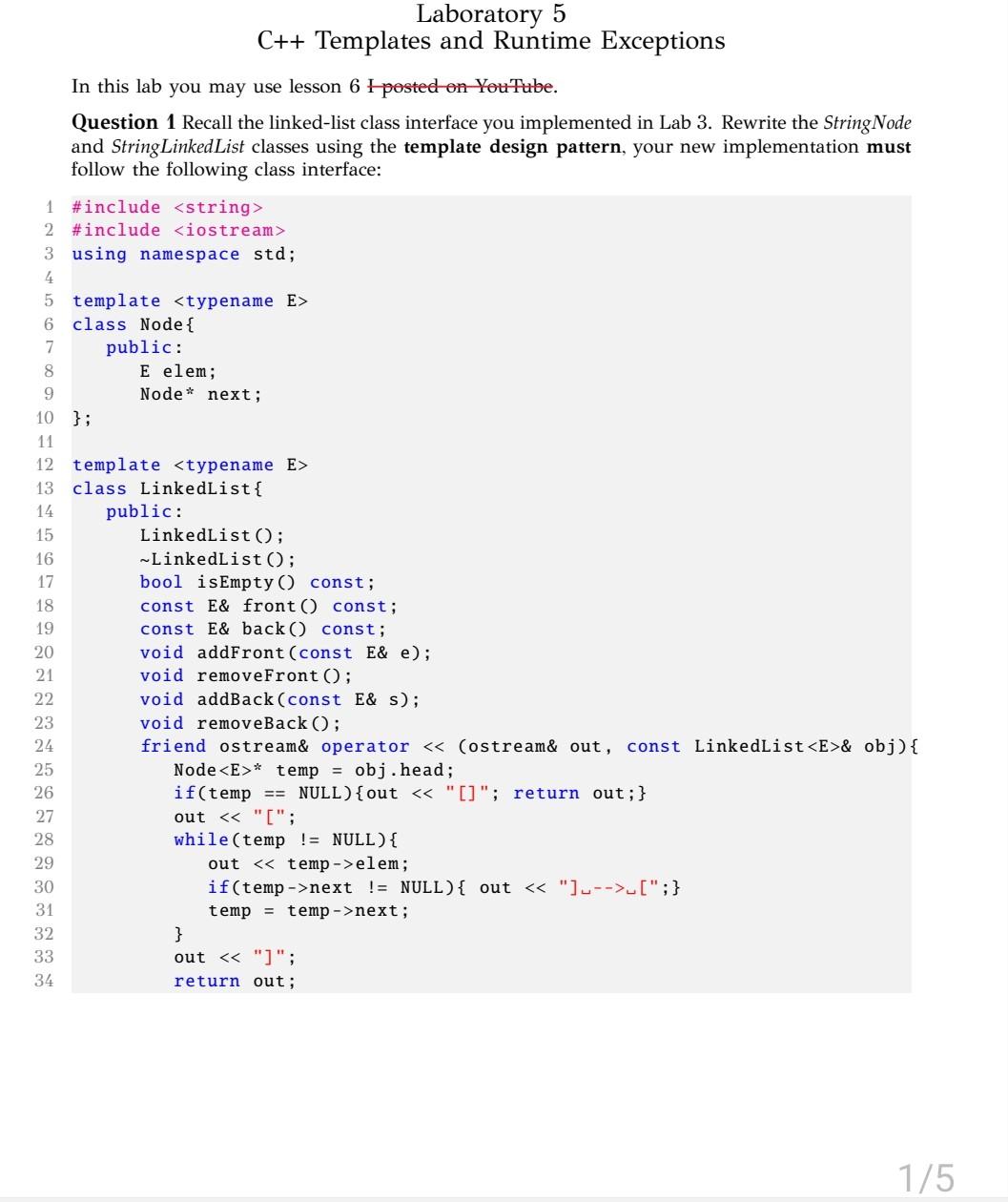 Laboratory 5 C++ Templates and Runtime Exceptions In | Chegg.com
