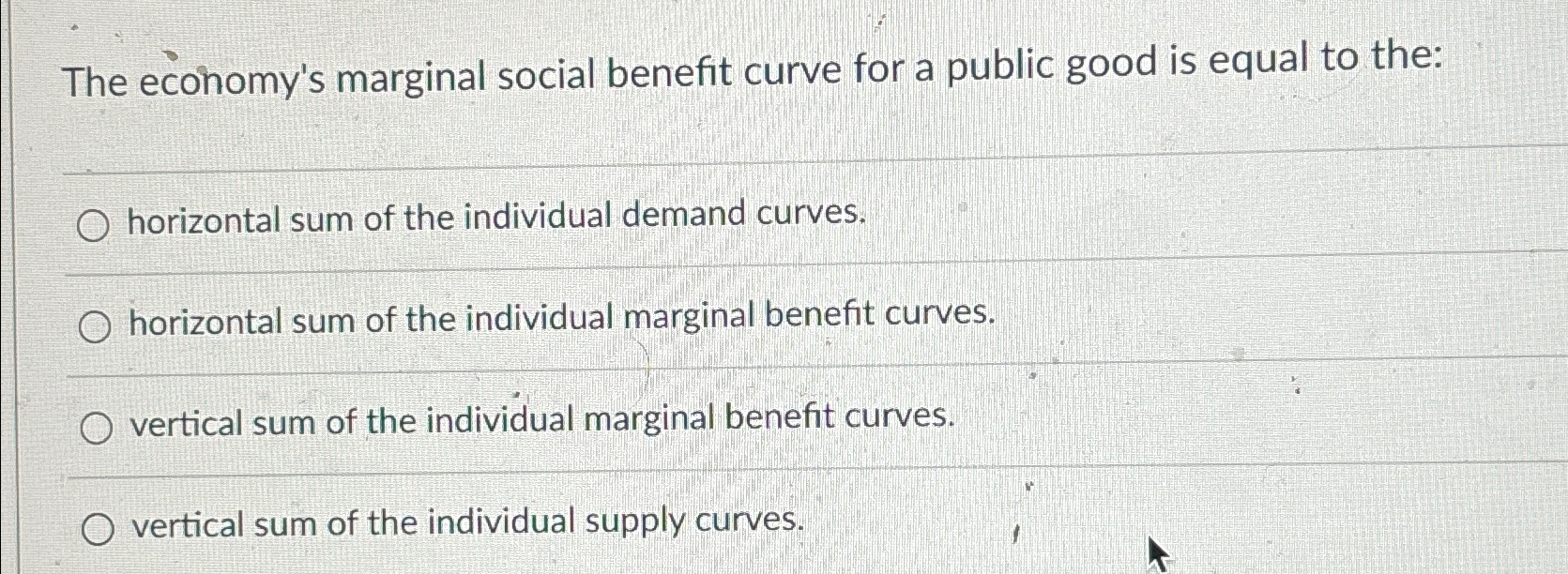 Solved The economy's marginal social benefit curve for a | Chegg.com