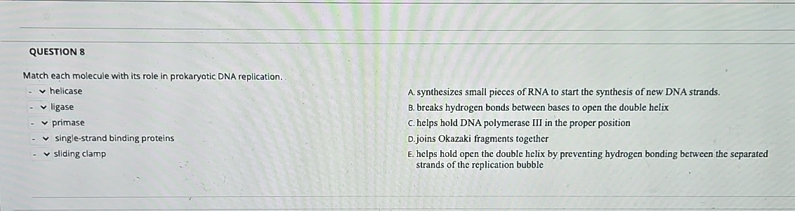 Solved QUESTION 8Match each molecule with its role in | Chegg.com
