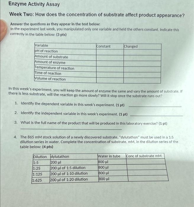 Enzyme Activity Assay Week Two: How does the | Chegg.com