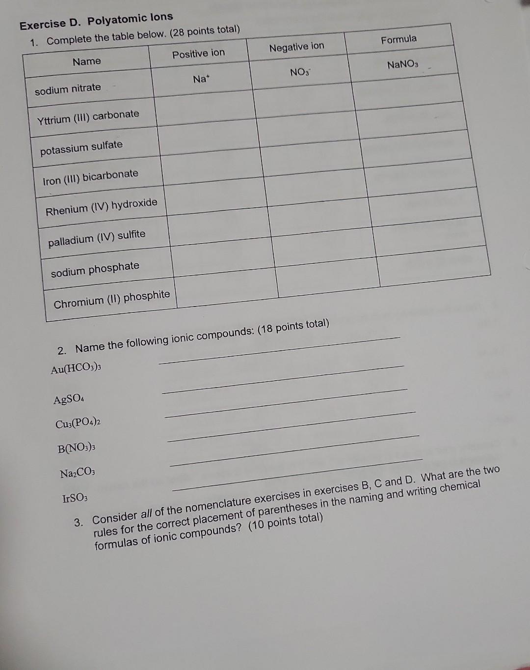 Solved Exercise D. Polyatomic lons 2. Name the following | Chegg.com
