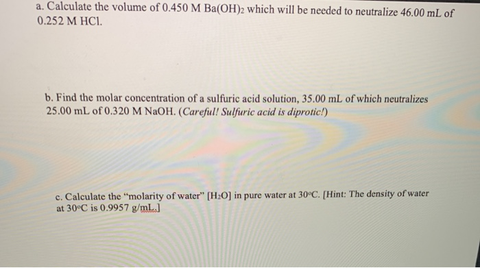 Solved a. Calculate the volume of 0.450 M Ba(OH)2 which will | Chegg.com
