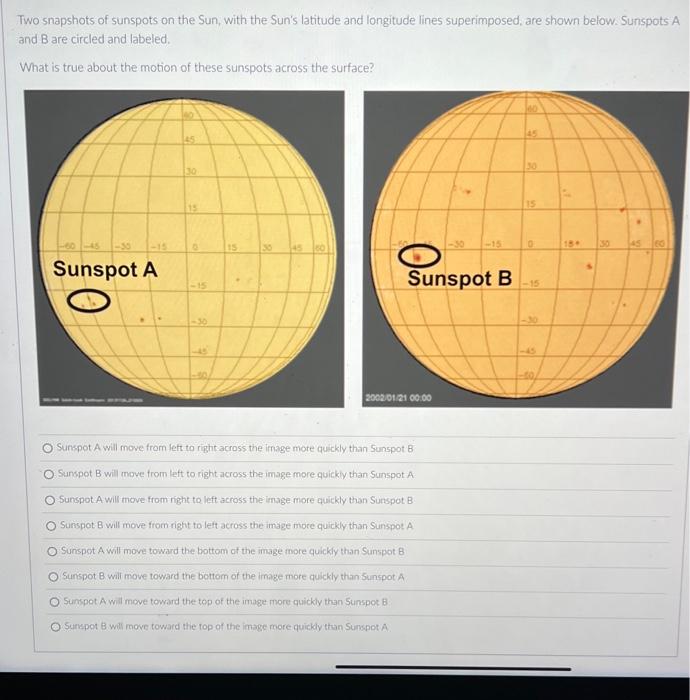 Solved Two snapshots of sunspots on the Sun, with the Sun's | Chegg.com