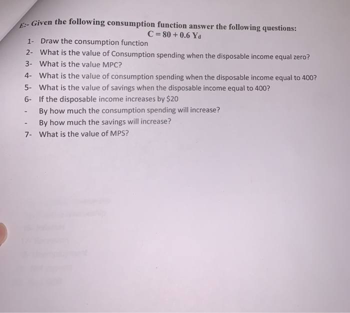 Solved Given the following consumption function answer the | Chegg.com