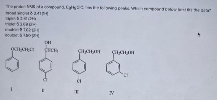 Solved The proton NMR of a compound, C8H9ClO, has the | Chegg.com