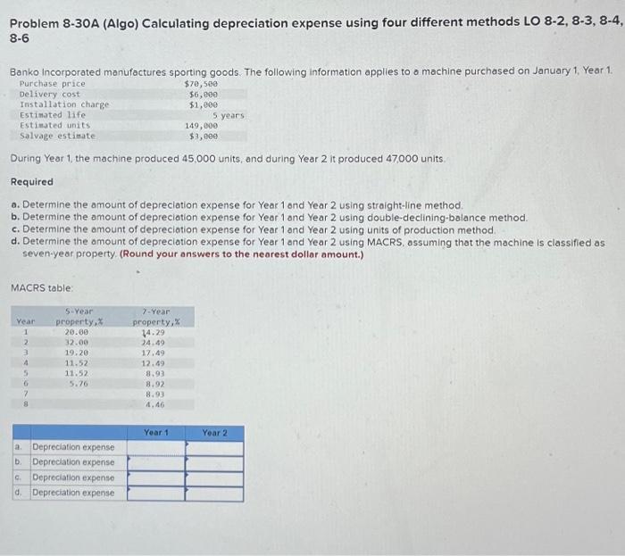 Solved Problem 8-30A (Algo) Calculating depreciation expense | Chegg.com