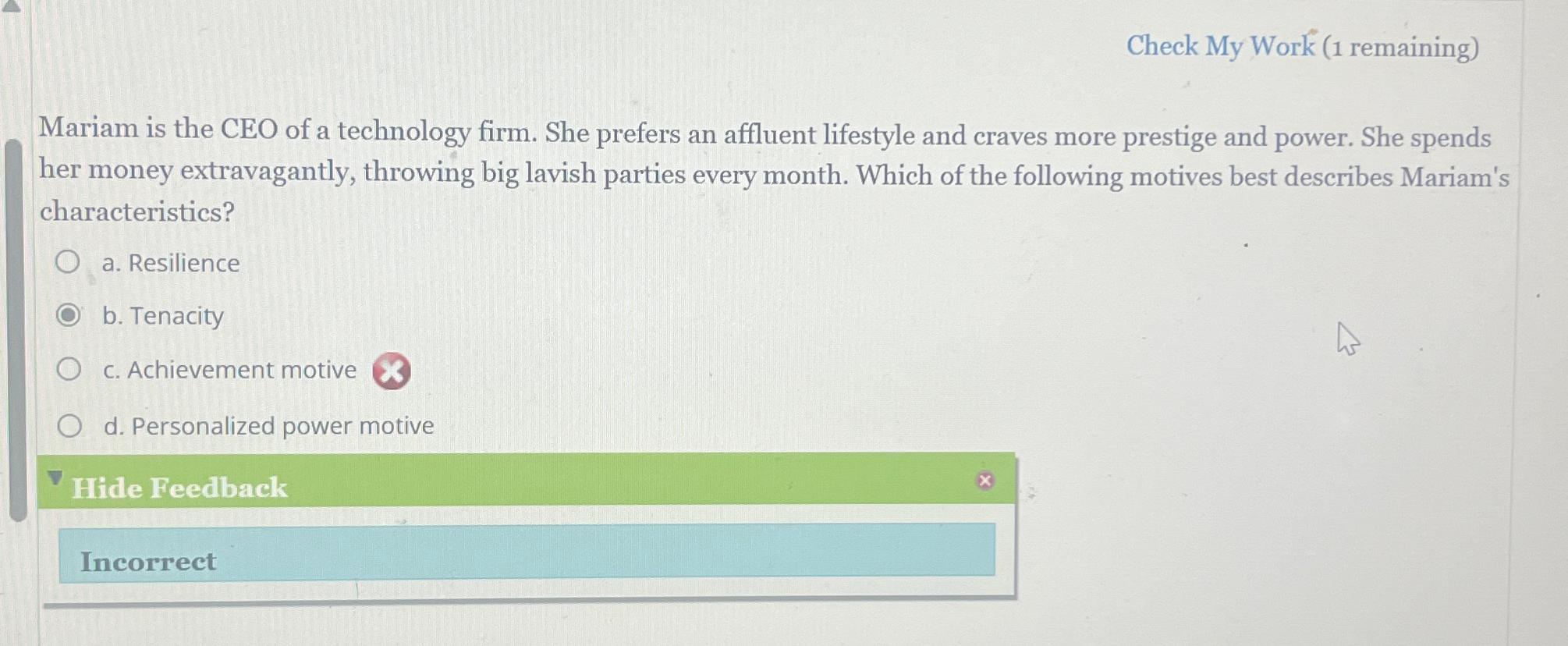 Solved Check My Work (1 ﻿remaining)Mariam is the CEO of a | Chegg.com
