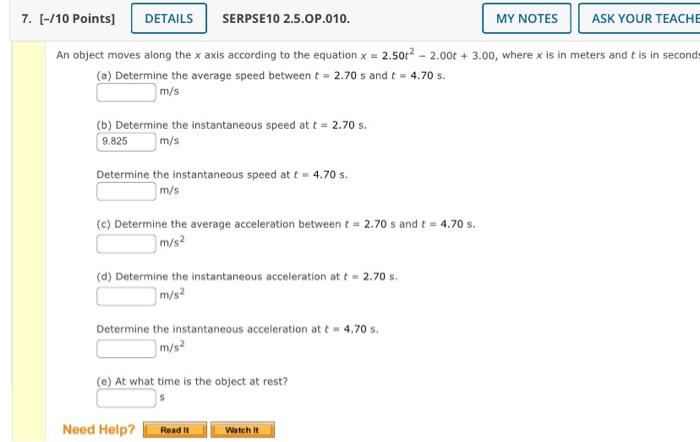 Solved In object moves along the x axis according to the | Chegg.com
