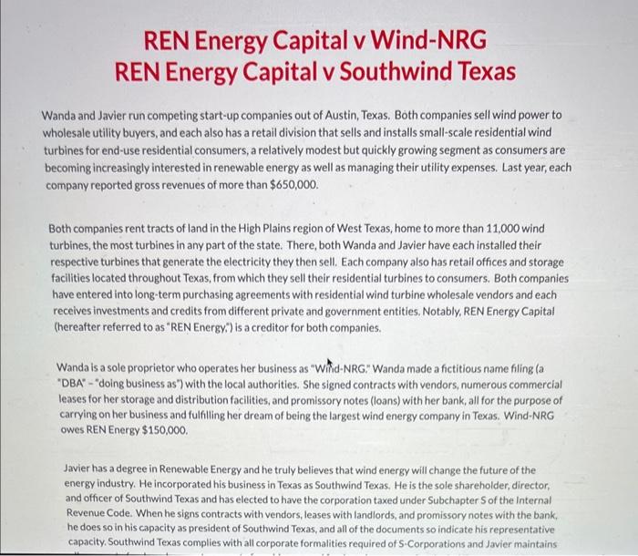 REN Energy Capital v Wind-NRG REN Energy Capital v | Chegg.com