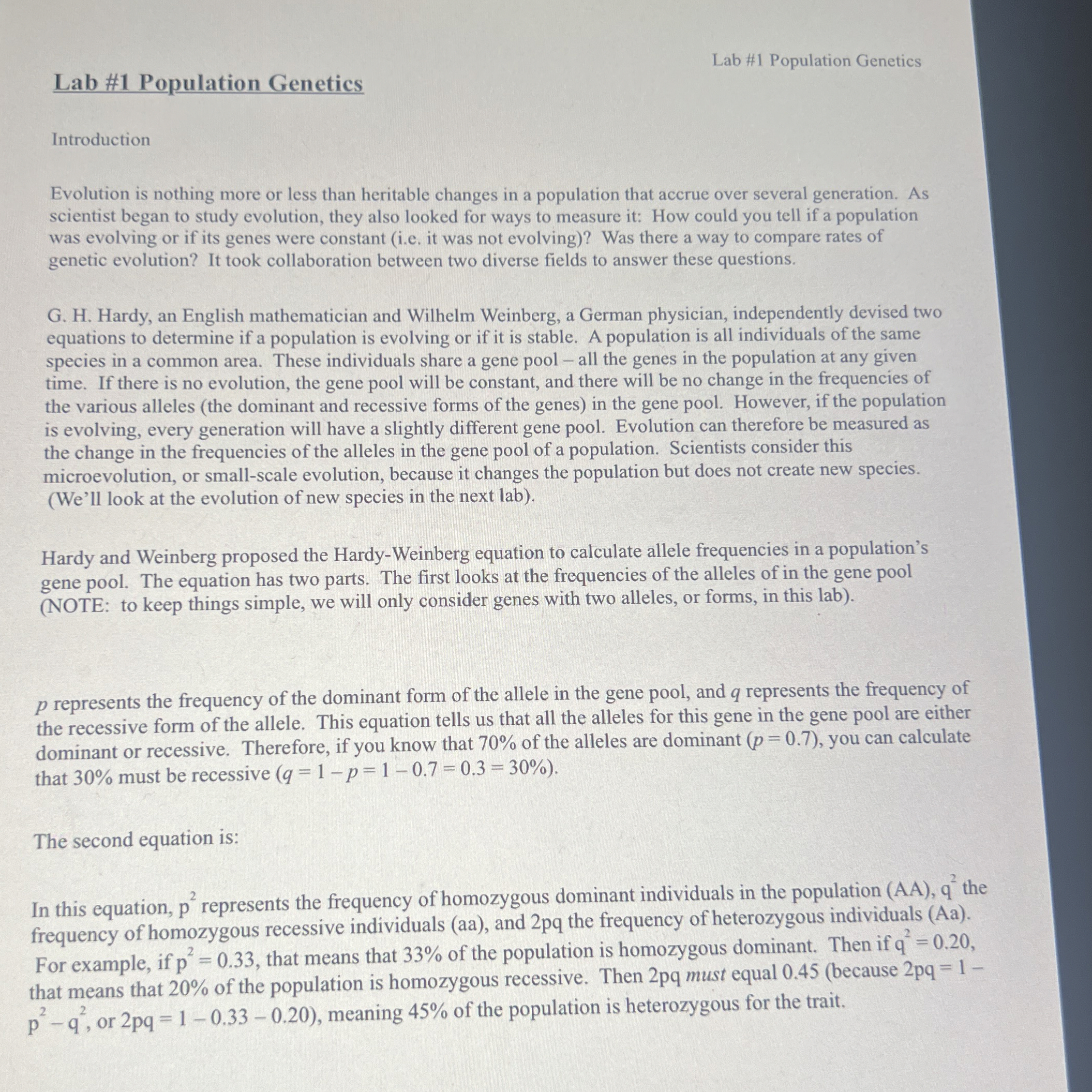 Solved Lab #1 ﻿Population GeneticsLab #1 ﻿Population | Chegg.com