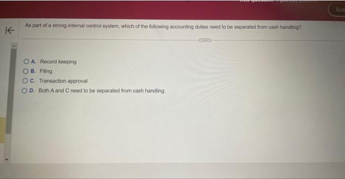 Solved As part of a strong internal control system, which of | Chegg.com
