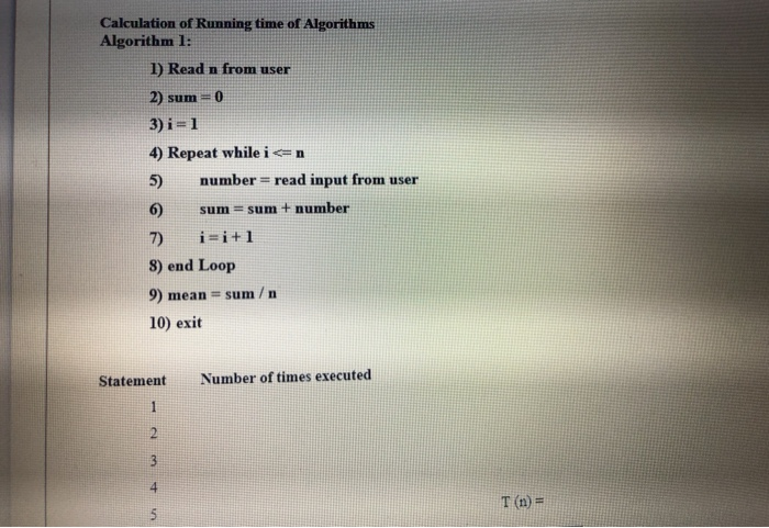 Solved Calculation of Running time of Algorithms Algorithm | Chegg.com