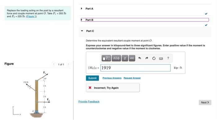 Solved Replace the loading acting on the post by a resultant | Chegg.com