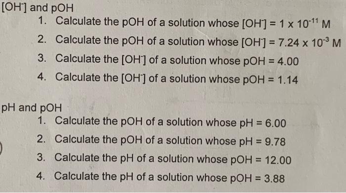 Solved and pOH 1. Calculate the pOH of a solution whose | Chegg.com
