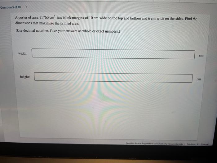 Solved A poster of area 11760 cm2 has blank margins of 10 cm | Chegg.com