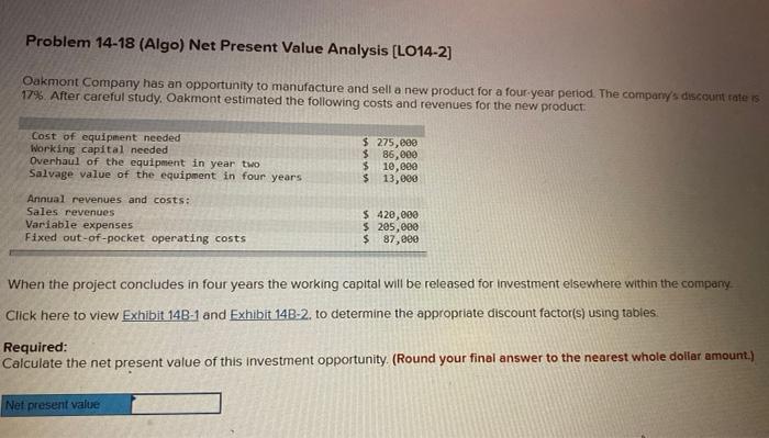 Solved Problem 14-18 (Algo) Net Present Value Analysis | Chegg.com