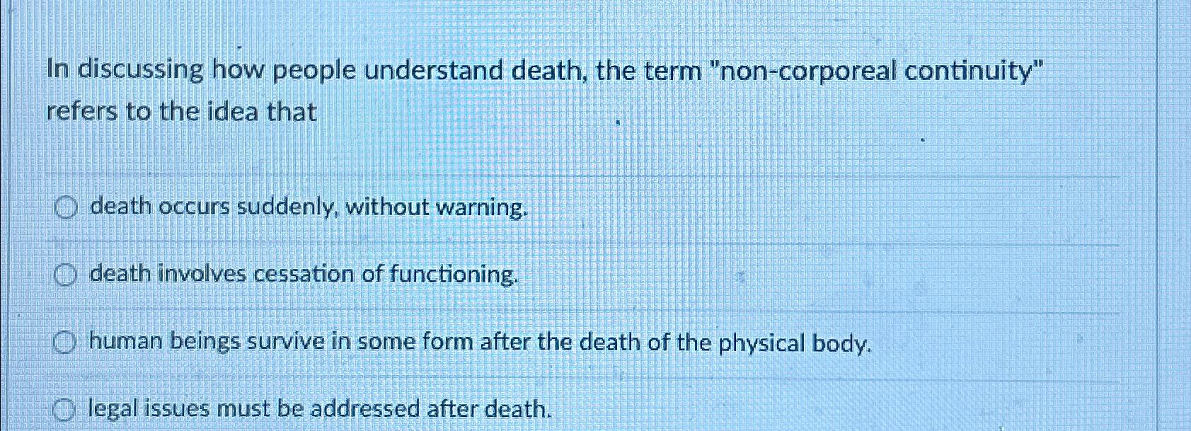 Solved In discussing how people understand death, the term | Chegg.com